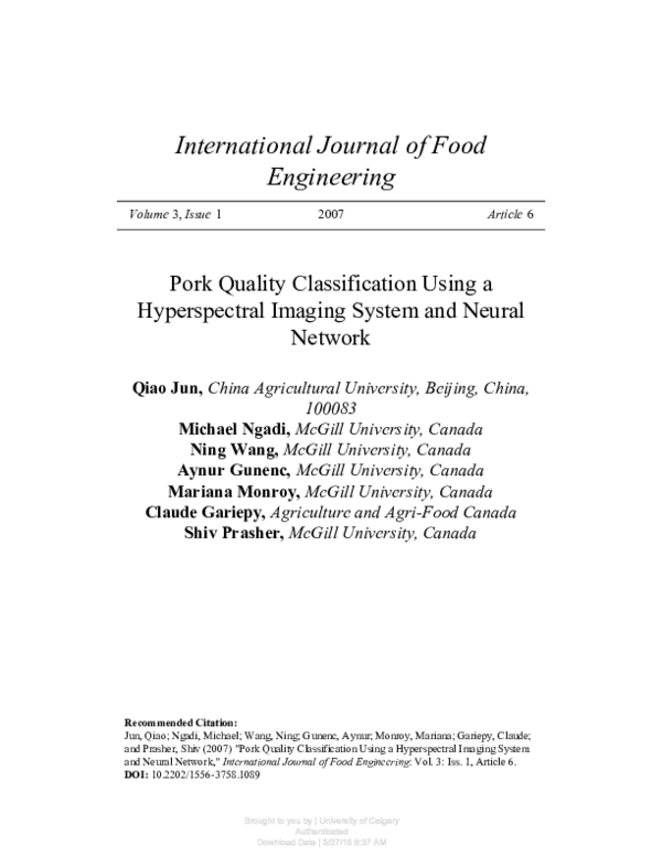 (PDF) Pork Quality Classification Using a Hyperspectral Imaging System and Neural Network