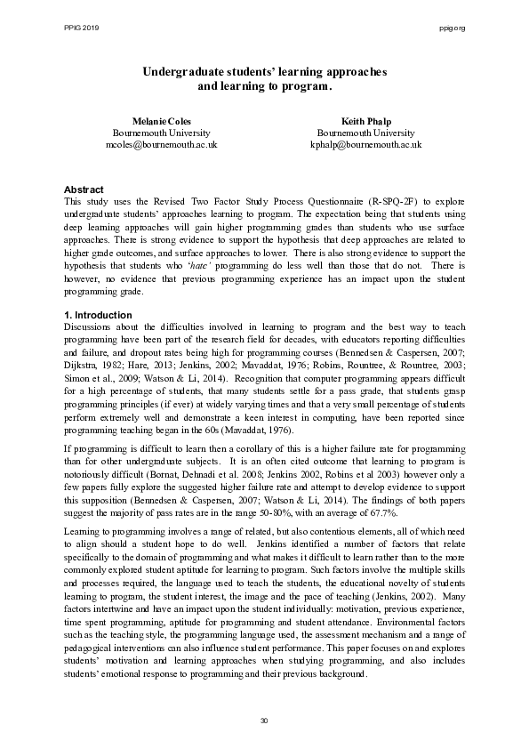 (PDF) Undergraduate students’ learning approaches and learning to program