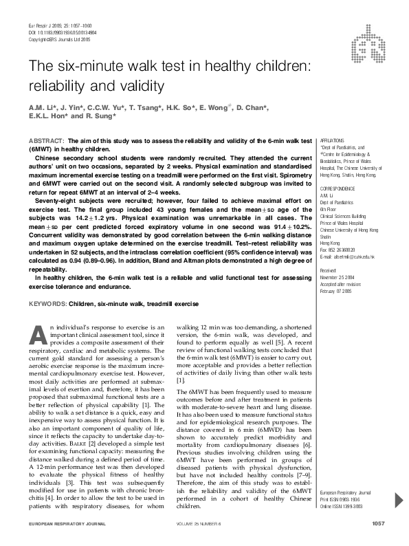 (PDF) The six-minute walk test in healthy children: reliability and ...