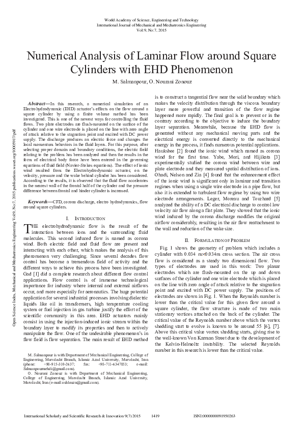 (PDF) Numerical Analysis Of Laminar Flow Around Square Cylinders With Ehd Phenomenon