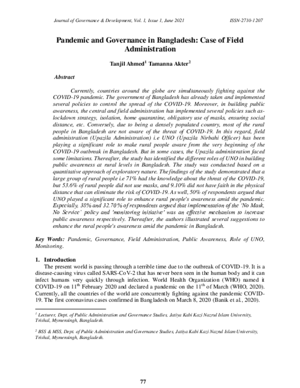 (PDF) Pandemic and Governance in Bangladesh: Case of Field Administration