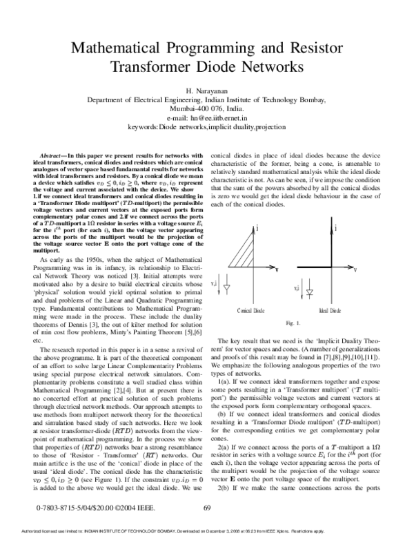 (PDF) Mathematical programming and resistor transformer diode networks