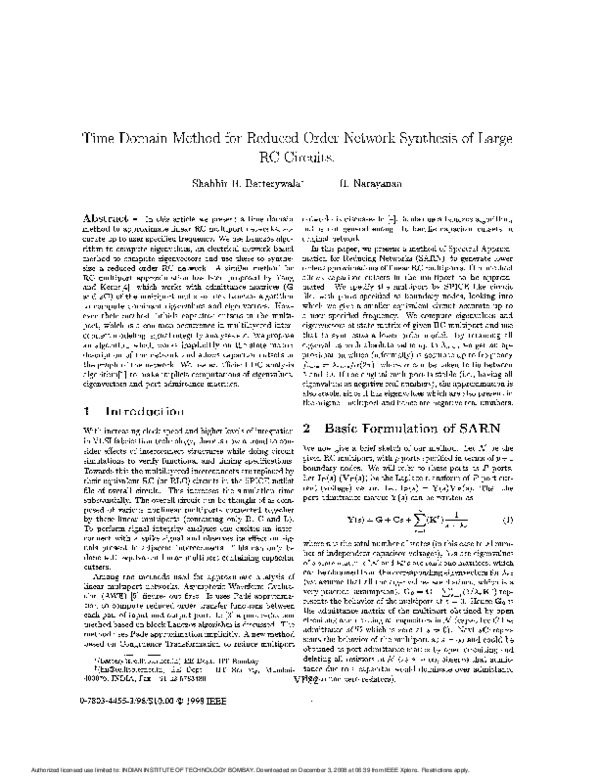 Pdf Time Domain Method For Reduced Order Network Synthesis Of Large Rc Circuits