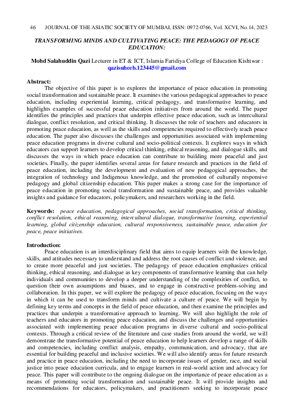 (PDF) TRANSFORMING MINDS AND CULTIVATING PEACE: THE PEDAGOGY OF PEACE ...