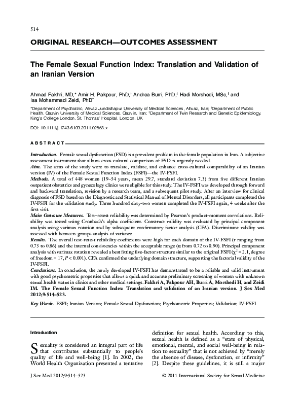 (PDF) The Female Sexual Function Index: Translation and Validation of an Iranian Version