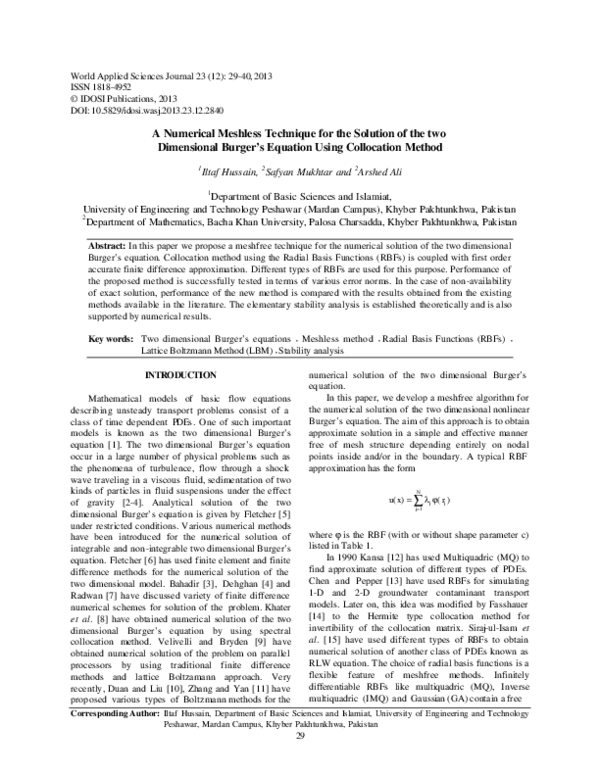 Pdf A Numerical Meshless Technique For The Solution Of The Two Dimensional Burgers Equation 9588