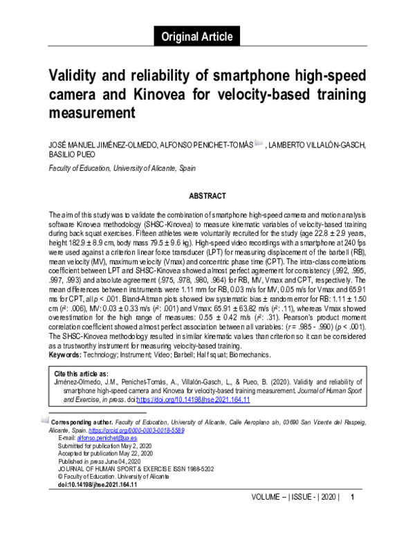 (PDF) Validity and reliability of smartphone high-speed camera and Kinovea for velocity-based ...