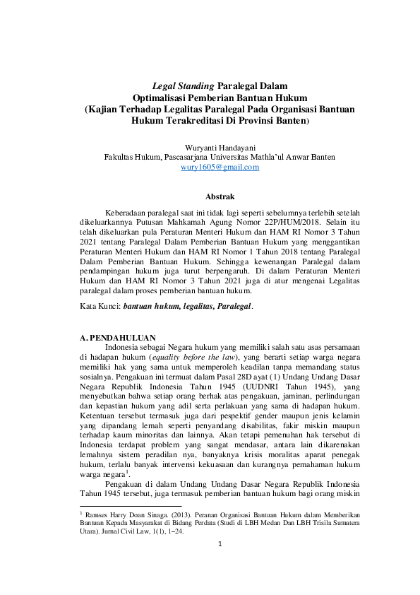 (PDF) Legal Standing Paralegal Dalam Optimalisasi Pemberian Bantuan Hukum (Kajian Terhadap ...