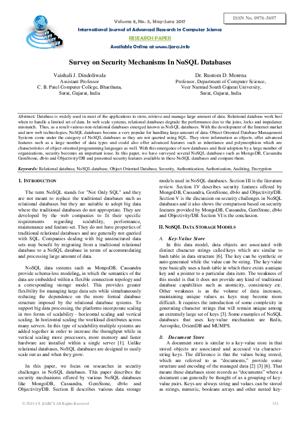 (PDF) Survey on Security Mechanisms In NoSQL Databases