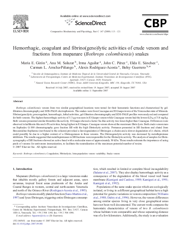 (PDF) Comparative Analysis of Bothrops colombiensis Venom