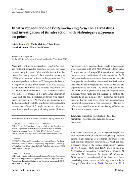 (PDF) In vitro reproduction of Pratylenchus neglectus on carrot discs ...