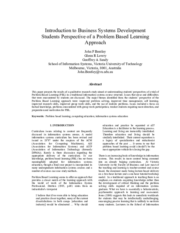 (PDF) Introduction to Business Systems Development Students Perspective of a Problem Based ...