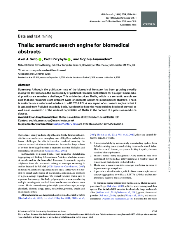 (PDF) Thalia: semantic search engine for biomedical abstracts