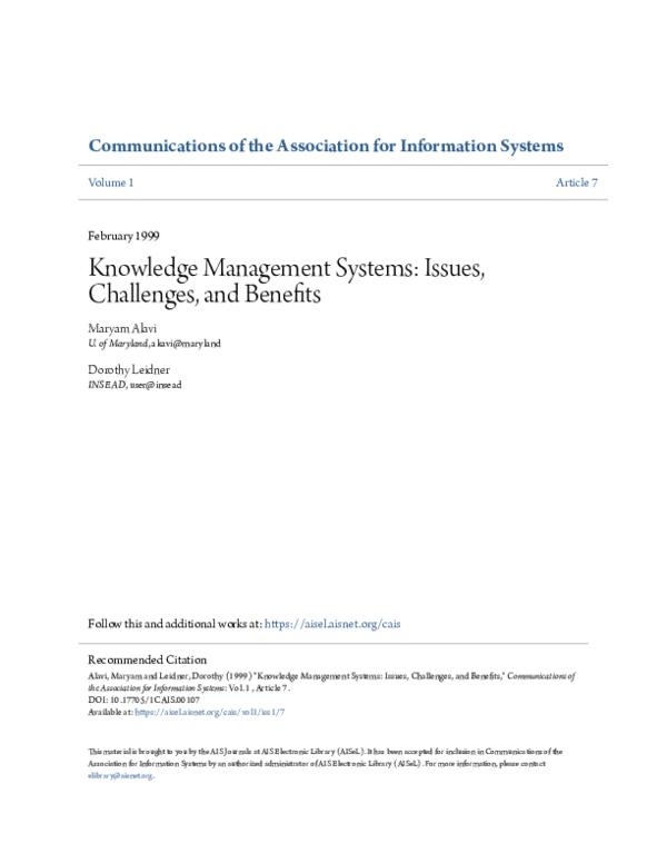 (PDF) Knowledge Management Systems: Issues, Challenges, and Benefits