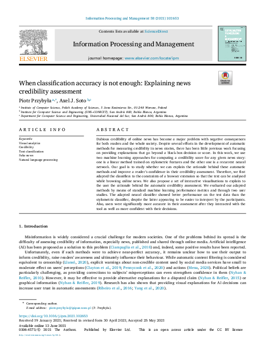(PDF) When classification accuracy is not enough: Explaining news credibility assessment