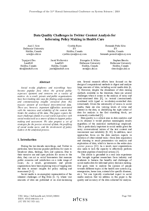 (PDF) Data Quality Challenges in Twitter Content Analysis for Informing Policy Making in Health Care