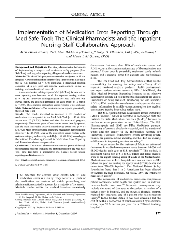 (PDF) Implementation of Medication Error Reporting Through Med Safe Tool