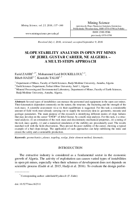 (PDF) Slope stability analysis in open pit mines of Jebel Gustar career, NE Algeria – a multi ...