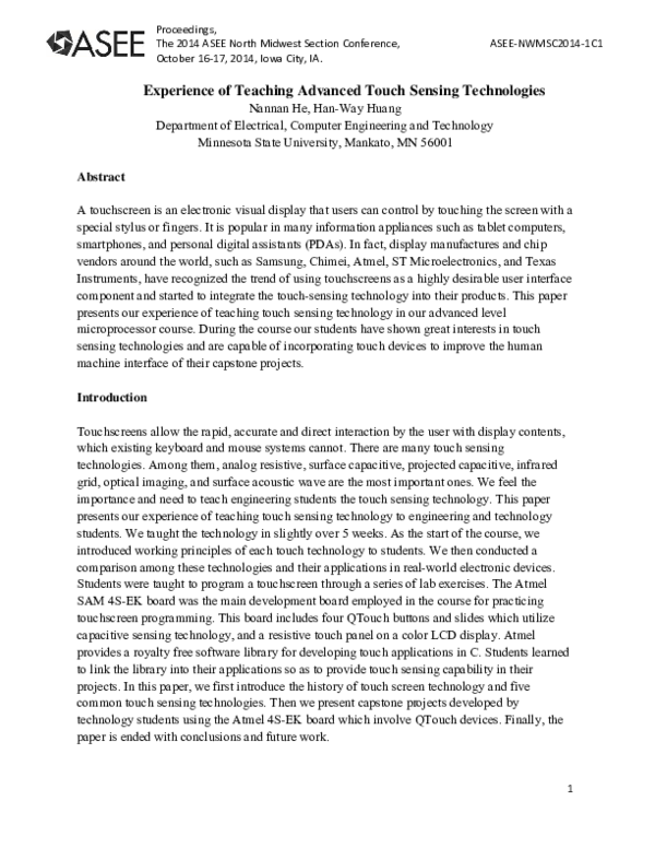(PDF) Experience of Teaching Advanced Touch Sensing Technologies