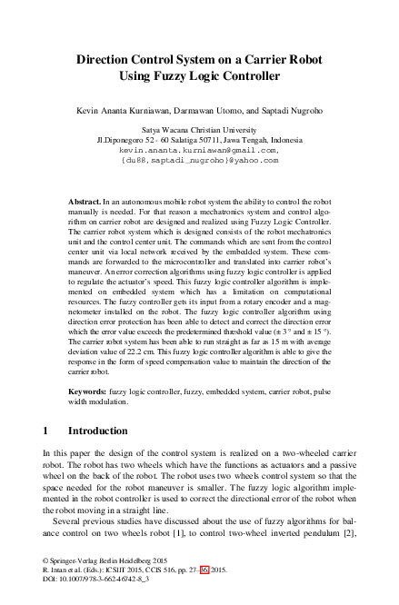 Pdf Direction Control System On A Carrier Robot Using Fuzzy Logic Controller Kevin Aditiya