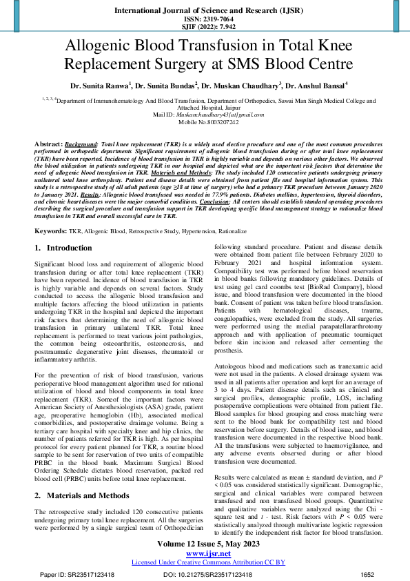 (PDF) Allogenic Blood Transfusion in Total Knee Replacement Surgery at ...