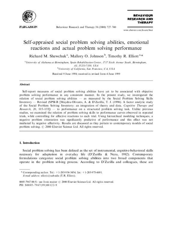 (PDF) Self-appraised social problem solving abilities, emotional reactions and actual problem ...