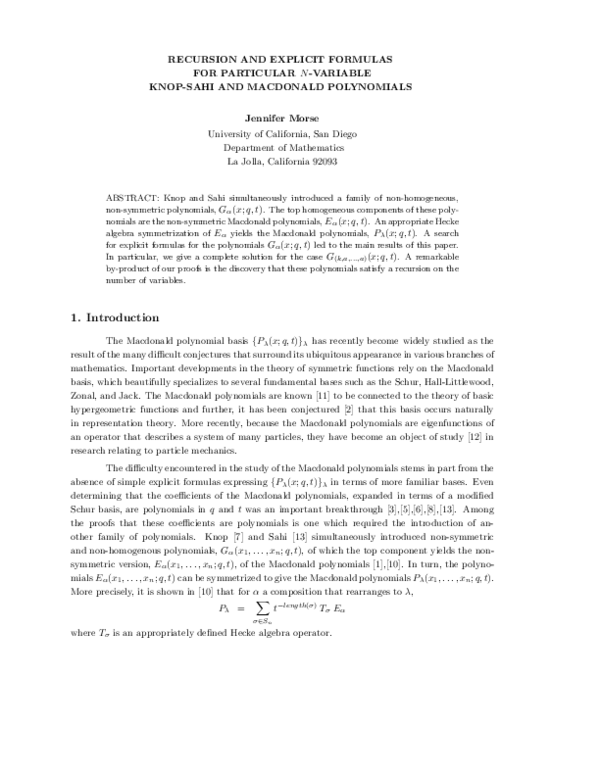 Pdf Recursion And Explicit Formulas For Particular N Variable Knop