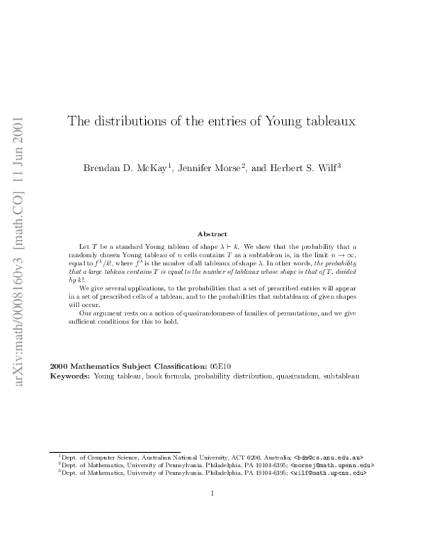 (PDF) The Distributions of the Entries of Young Tableaux