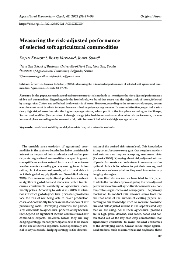 (PDF) Measuring the risk-adjusted performance of selected soft agricultural commodities