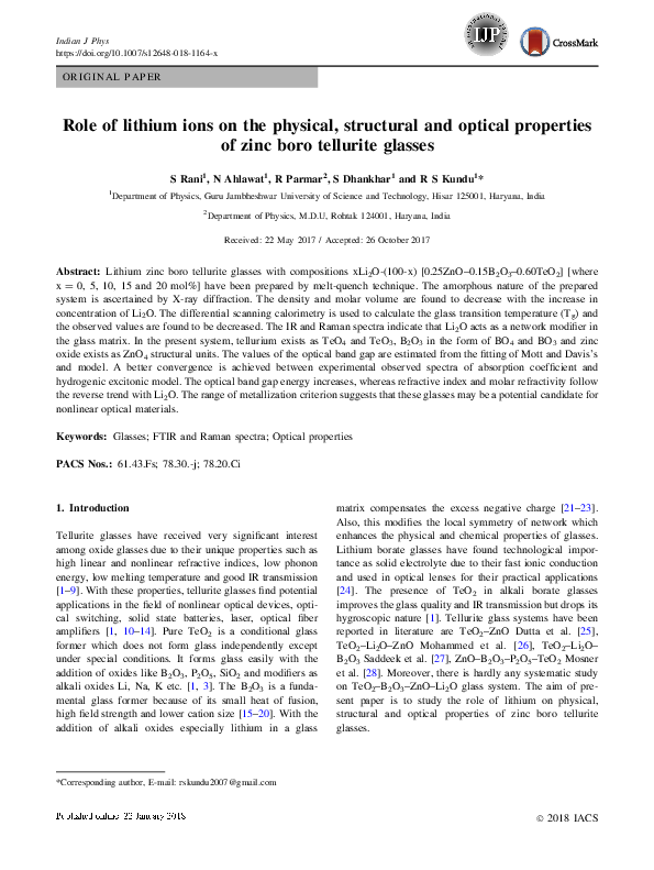 (PDF) Role of lithium ions on the physical, structural and optical properties of zinc boro ...