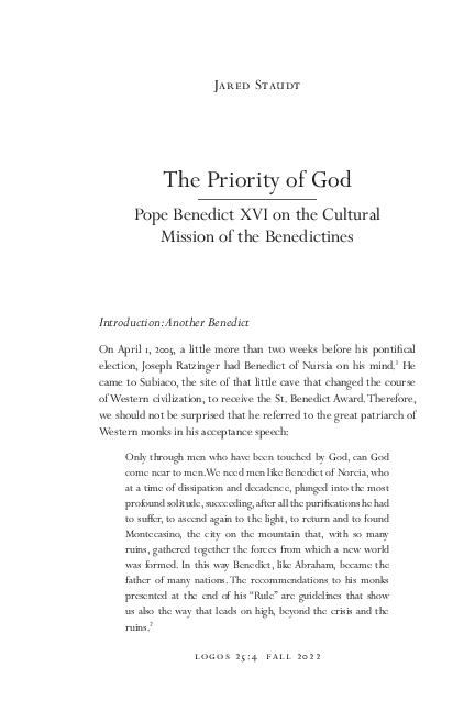 (PDF) The Priority of God: Pope Benedict XVI on the Cultural Mission of ...