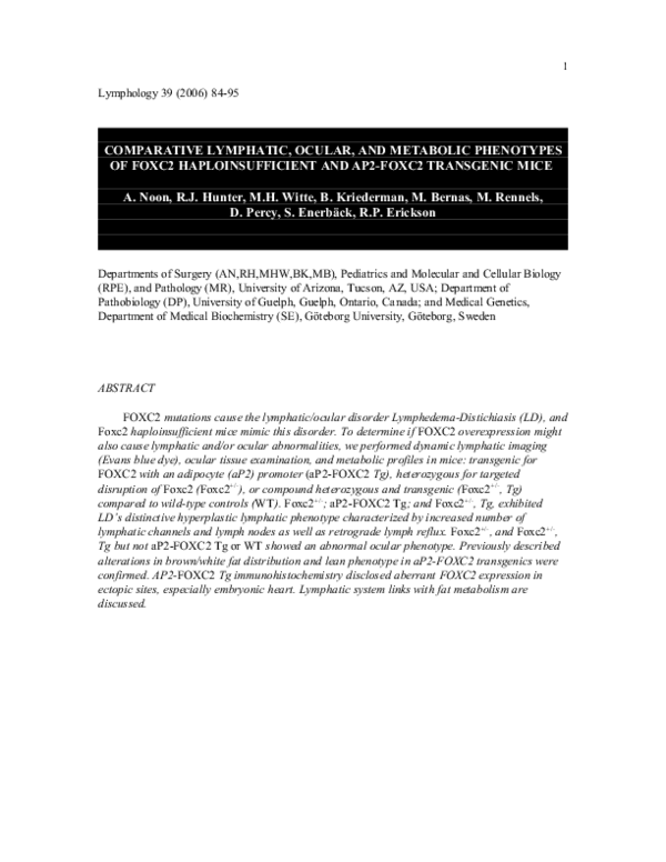 (PDF) Comparative lymphatic, ocular, and metabolic phenotypes of Foxc2 ...