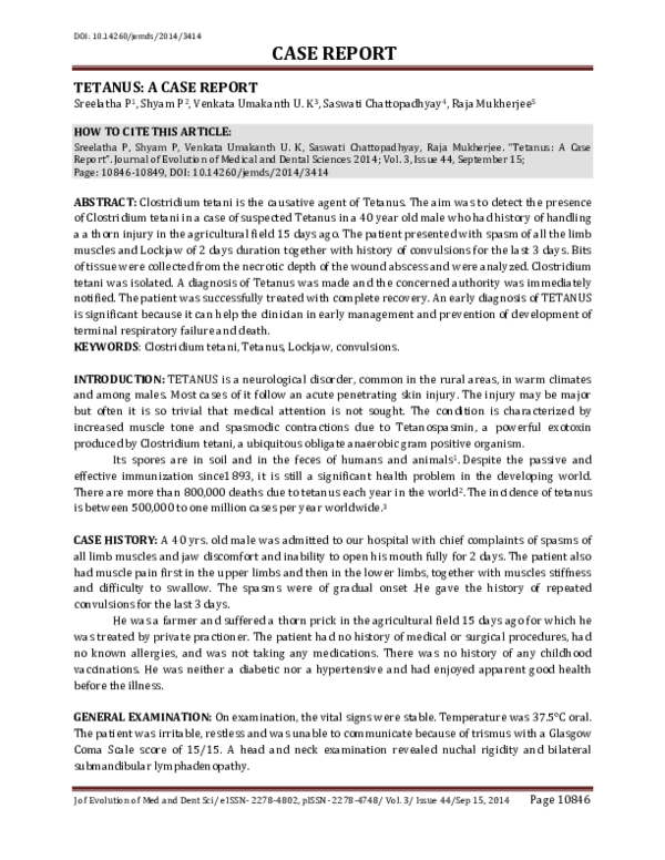 (PDF) Tetanus: A Case Report