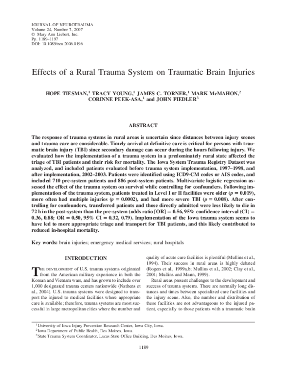 (PDF) Effects of a Rural Trauma System on Traumatic Brain Injuries