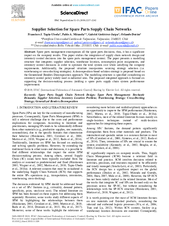 (PDF) Supplier Selection for Spare Parts Supply Chain Networks