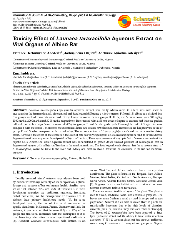 (PDF) Toxicity Effect of Launaea taraxacifolia Aqueous Extract on Vital ...