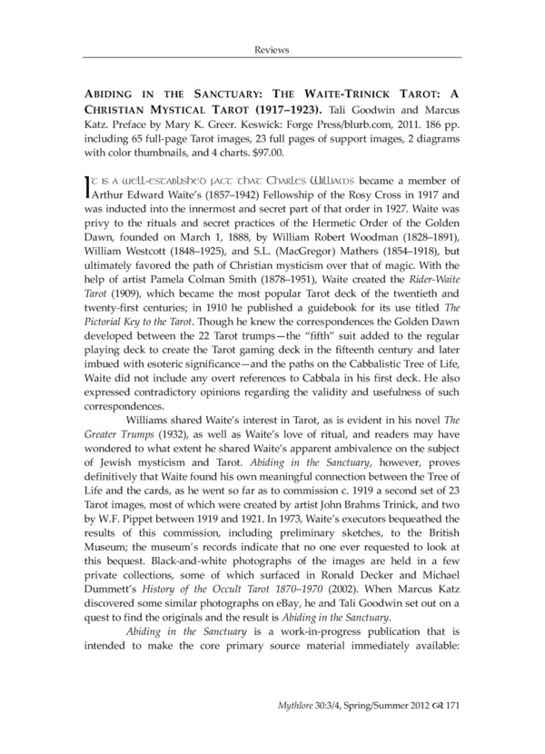 (PDF) Rev. of "Abiding in the Sanctuary: The Waite-Trinick Tarot A ...