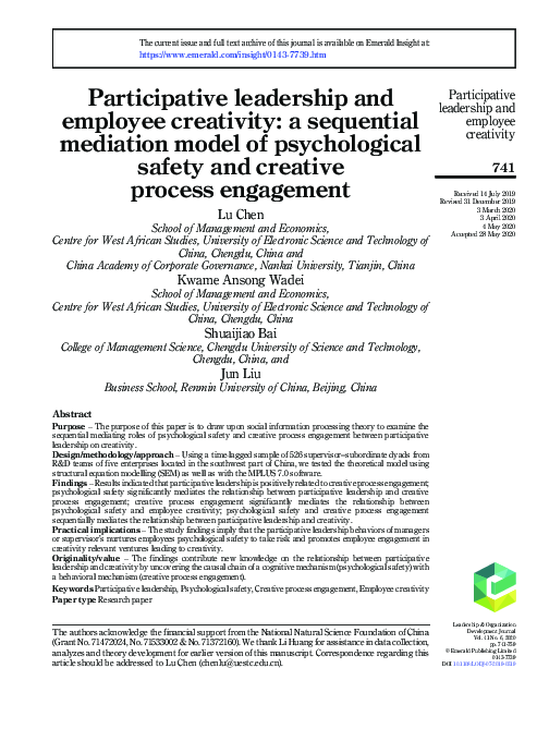 (PDF) Participative leadership and employee creativity: a sequential mediation model of ...