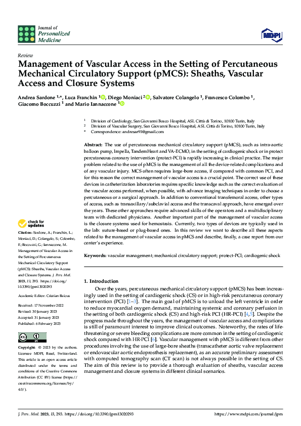 (PDF) Management of Vascular Access in the Setting of Percutaneous Mechanical Circulatory ...