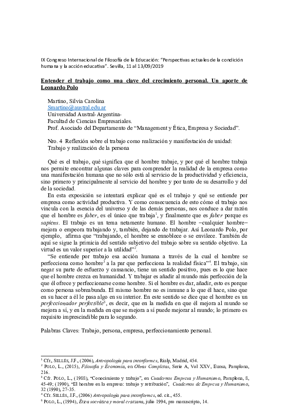 (DOC) Entender el trabajo como una clave del crecimiento personal. Un aporte de Leonardo Polo