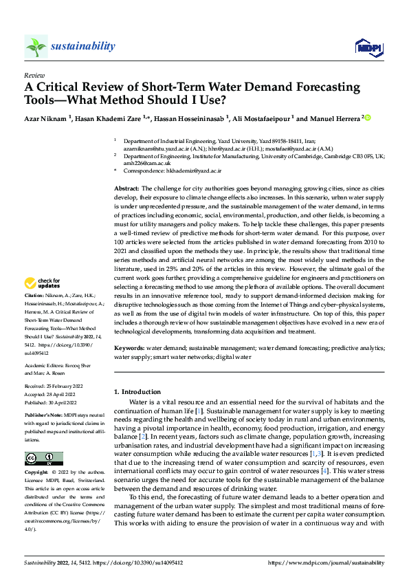 (PDF) A Critical Review of Short-Term Water Demand Forecasting Tools ...