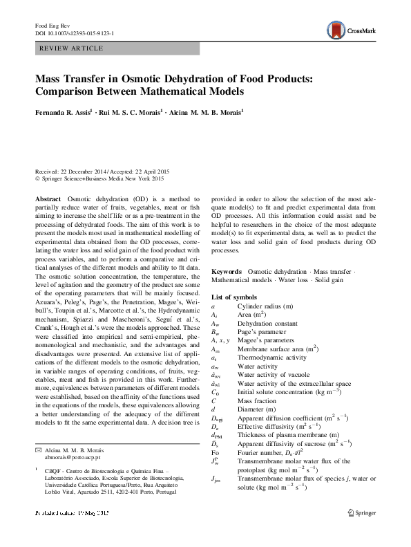 (PDF) Mass Transfer in Osmotic Dehydration of Food Products: Comparison Between Mathematical Models