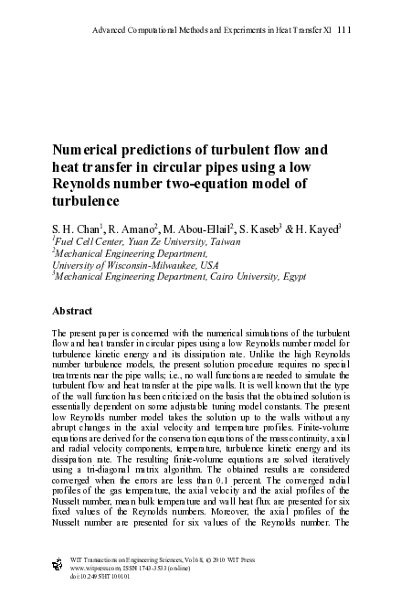 (PDF) Numerical predictions of turbulent flow and heat transfer in circular pipes using a low ...