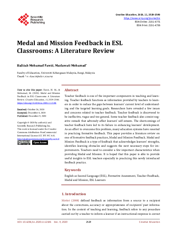 (PDF) Medal and Mission Feedback in ESL Classrooms: A Literature Review
