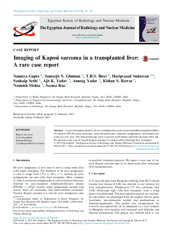 (PDF) Imaging of Kaposi sarcoma in a transplanted liver: A rare case report