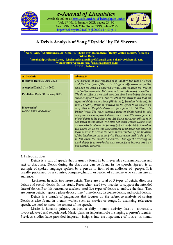(PDF) A Deixis Analysis of Song Divide by Ed Sheeran