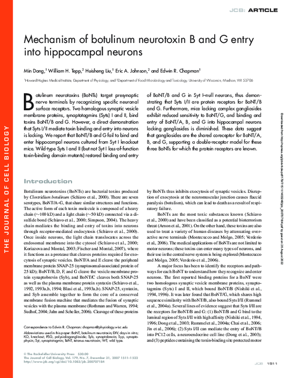 (PDF) Mechanism of botulinum neurotoxin B and G entry into hippocampal neurons