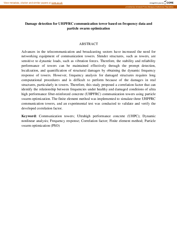 (PDF) Damage Detection for Uhpfrc Communication Tower Based on Frequency Data and Particle Swarm ...