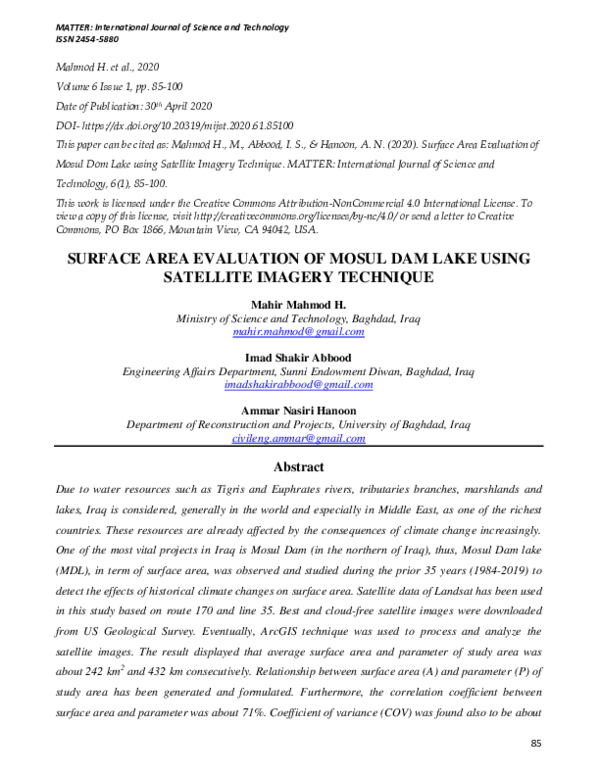 (PDF) Surface Area Evaluation of Mosul Dom Lake Using Satellite Imagery ...
