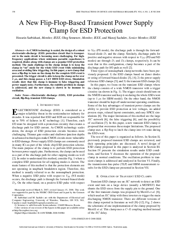 (PDF) A New Flip-Flop-Based Transient Power Supply Clamp for ESD Protection